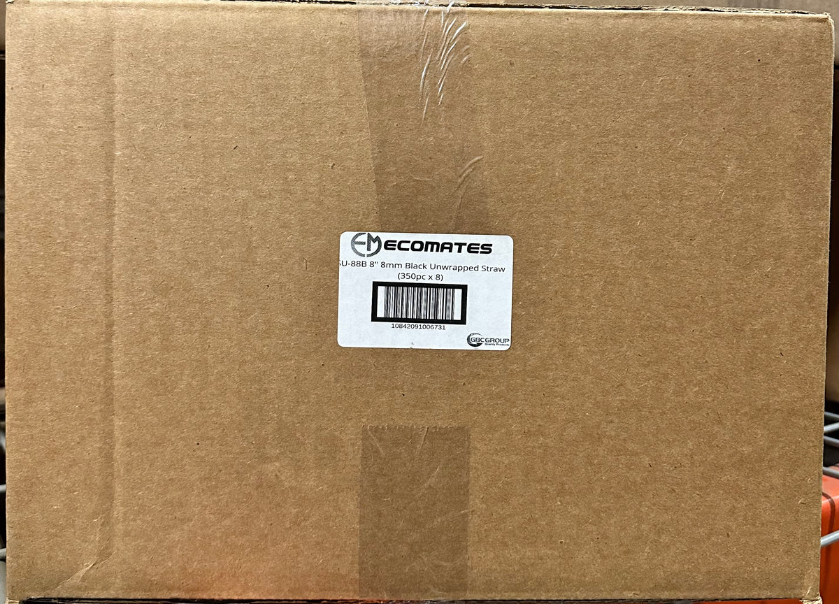 Ecomates SW-88B, 8'' 8MM Black Unwrapped Paper Straws, Case (8x250's)
